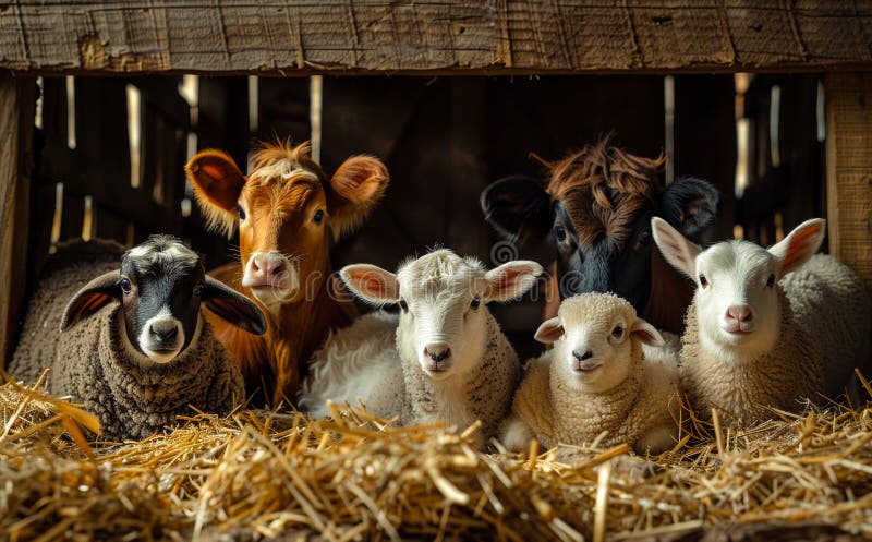 Group of Young Sheep and Goats in Barn Stock Photo - Image of white ...