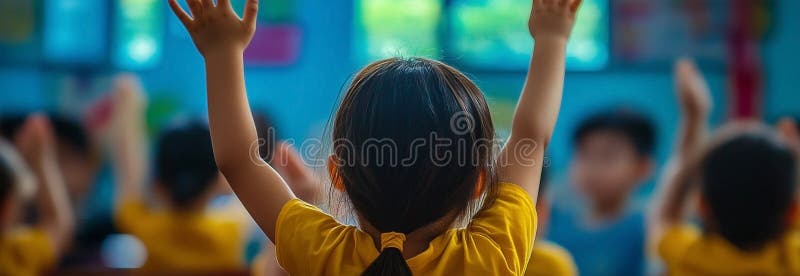 Enthusiastic Students Eagerly Raise Hands in a Classroom Setting with a ...