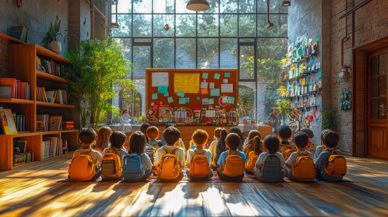 Group of Young Students with Backpacks Facing a Large Bulletin Board in ...
