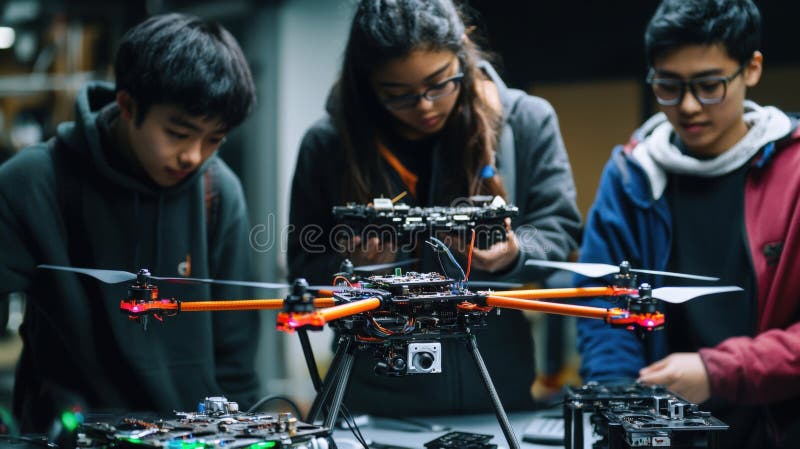 Young Students Engaged in Drone Technology and Robotics Learning Stock ...