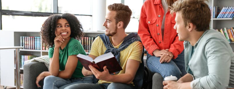 Group of Students at Table in Library. Banner Design Stock Photo ...