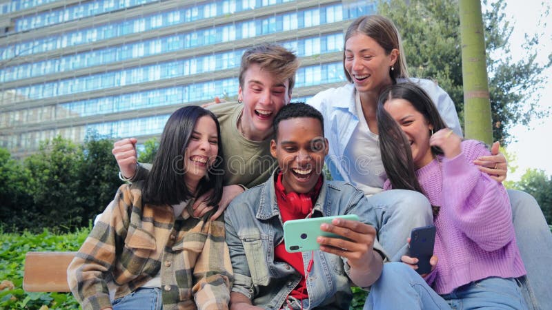 Group of Young Teenage Students Looking at Their Notes on the Internet ...