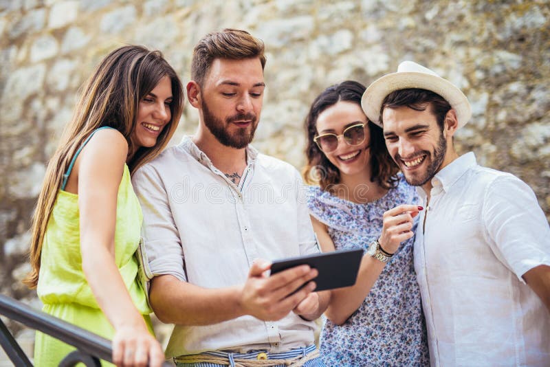 Group of Young Tourist Friends with Digital Tablet Stock Image - Image ...