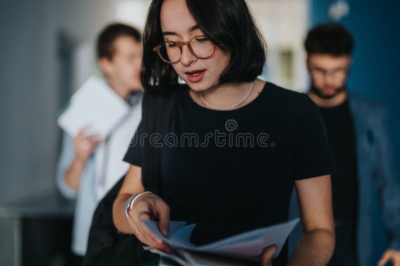 Young Students Reviewing Documents Outdoors with Professor Stock Photo ...
