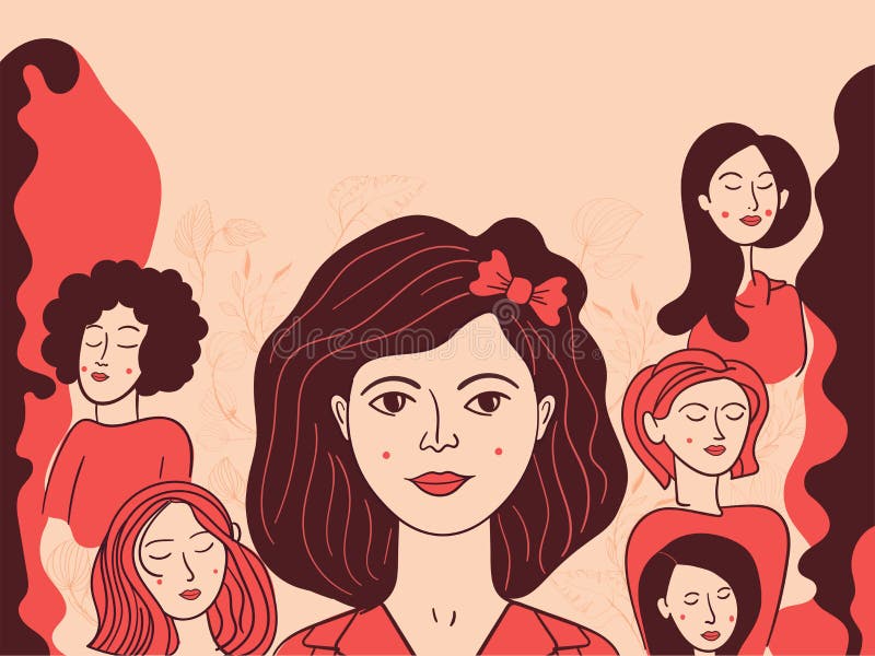 Group of Young Women Characters on Peach Background Stock Illustration ...