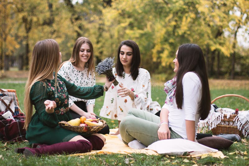 Group of Young Women Out on a Fun Picnic in the Park Stock Image ...