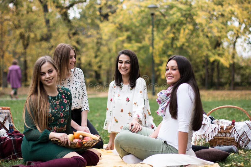 Group of Young Women Out on a Fun Picnic in the Park Stock Image ...