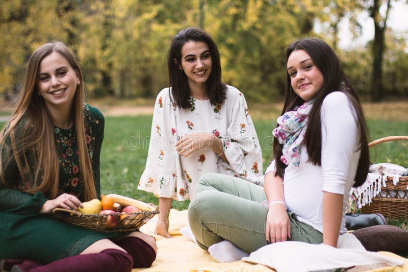 Group of Young Women Out on a Fun Picnic in the Park Stock Image ...
