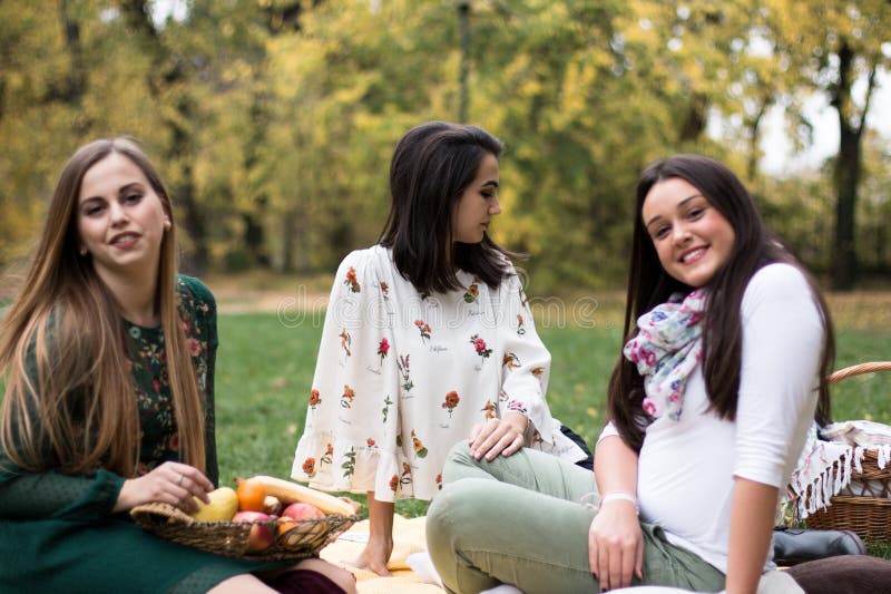 Group of Young Women Out on a Fun Picnic in the Park Stock Photo ...