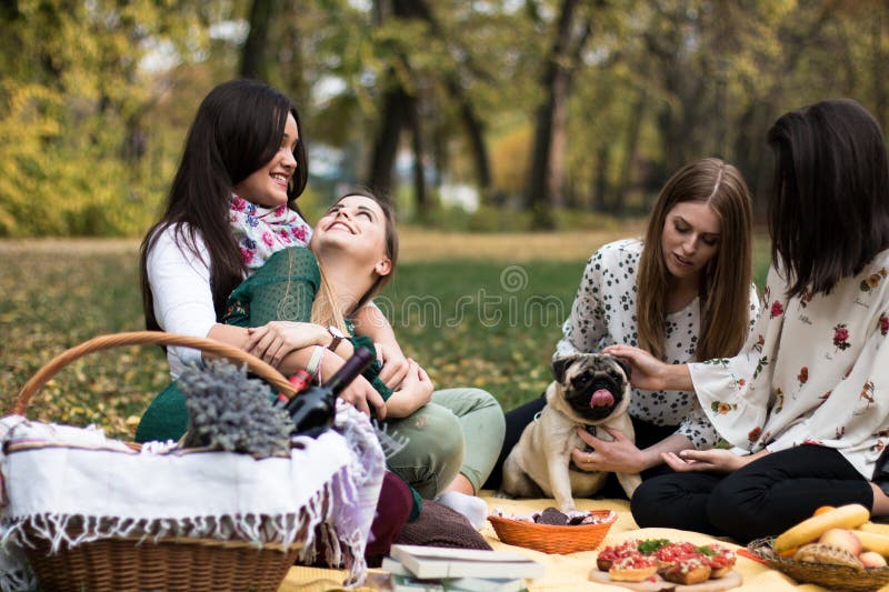 Group of Young Women on a Fun Picnic with a Pug Dog Stock Image - Image ... Group of Young Women on a Fun Picnic with a Pug Dog Stock Image - Image ...