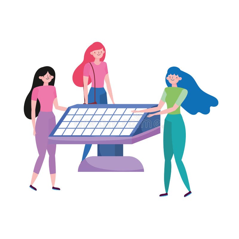 Group Young Women and Solar Panel Ecology Stock Vector - Illustration ...