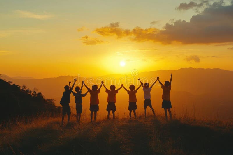 Group of Youngsters Hold Hands Silhouetted at Sunset. with Unity ...