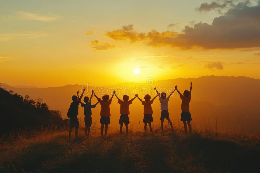 Group of Youngsters Hold Hands Silhouetted at Sunset. with Unity ...