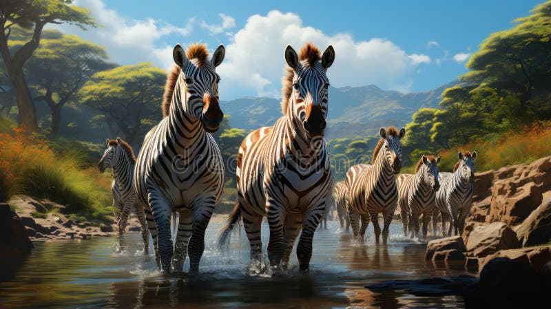 Group of Zebra s in Water stock illustration. Illustration of butterfly ...