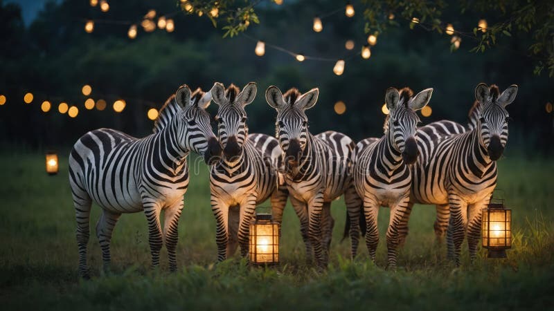 Four Zebras at Night with Lanterns Stock Illustration - Illustration of ...