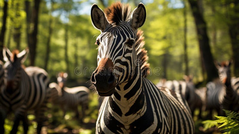 Group of Zebras Grazing in the Forest Stock Image - Image of stripes ...