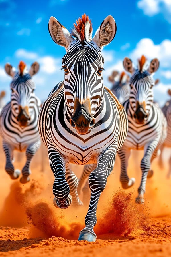 A Group of Zebras Running in a Line in the Desert Stock Photo - Image ...