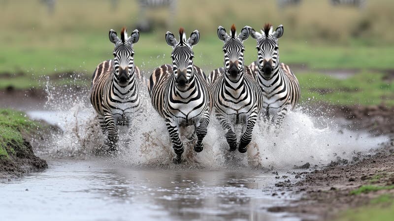 A Group of Zebras are Running through a River. Generative AI Stock ...