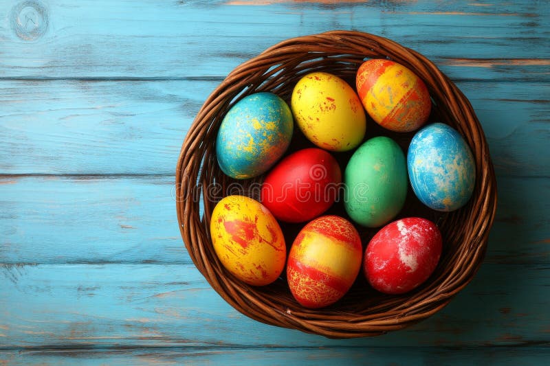 Groups of Bright Easter Eggs in a Basket on the Blue Wooden Table, Set for the Event Stock Photo ...