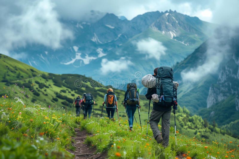 Groups of Outdoor Enthusiasts Trek Along a Winding Path through Vibrant ...