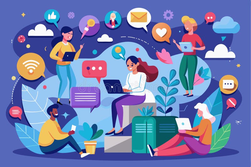 Groups of People Interact and Chat Using Their Devices in a Lively ...