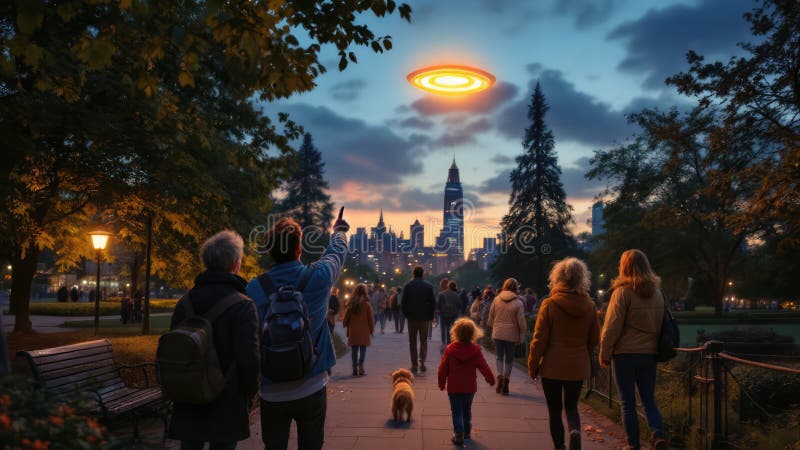People Walking in a Park Under a Glowing Object Above the Skyline ...