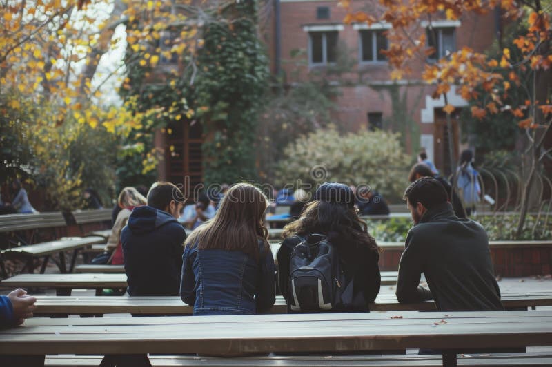 Groups of Students Relax on Benches in the Campus Courtyard, Chatting ...