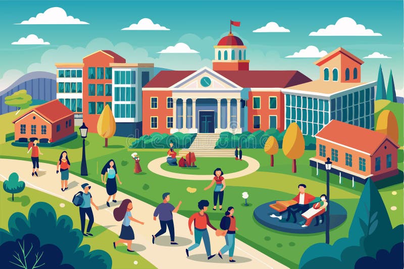 Groups of Students Stroll through a Lively Campus Surrounded by Trees ...