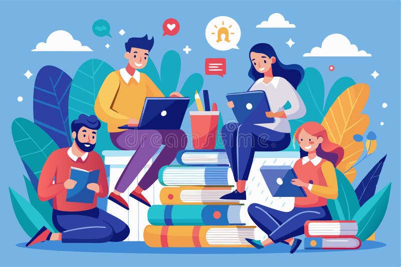 Groups of Students Study Together Using Laptops and Books in a Bright ...