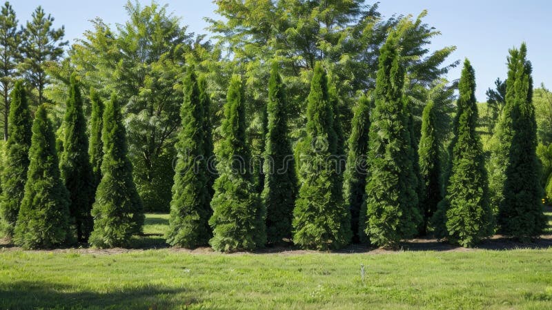 A Grove of Tall Evergreen Trees Providing Shade and Privacy Stock Photo ...