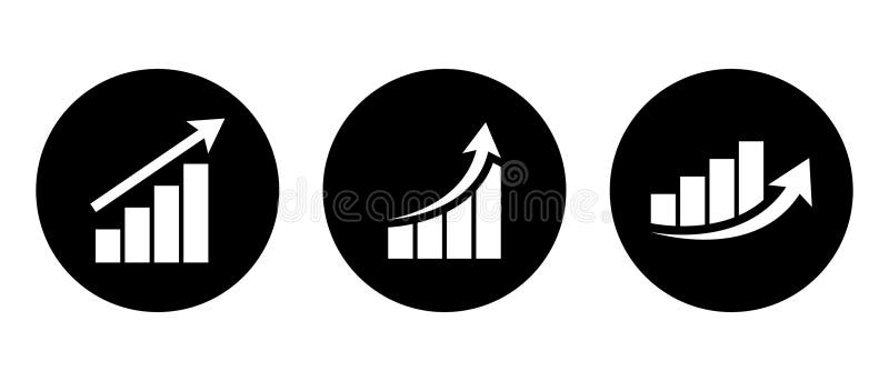 Growing Bar Graph Icon Set on Black Circle. Rising Arrow Symbol Vector ...
