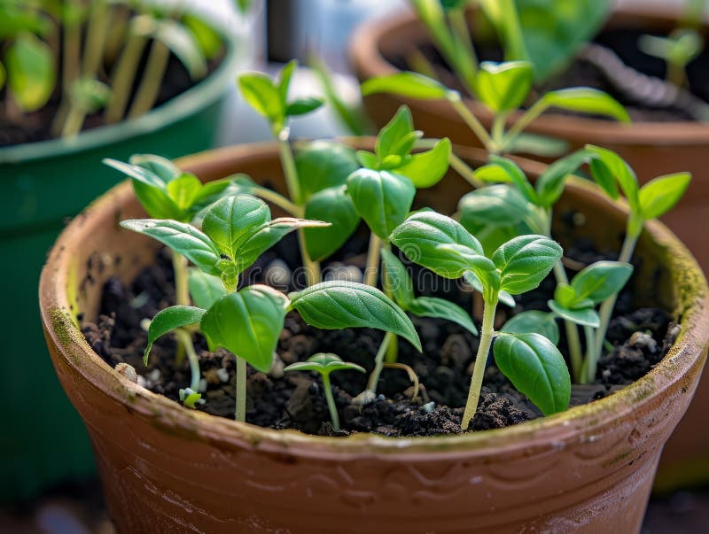Growing Basil Sprouts: a Visual Guide in a Pot Stock Image - Image of ...