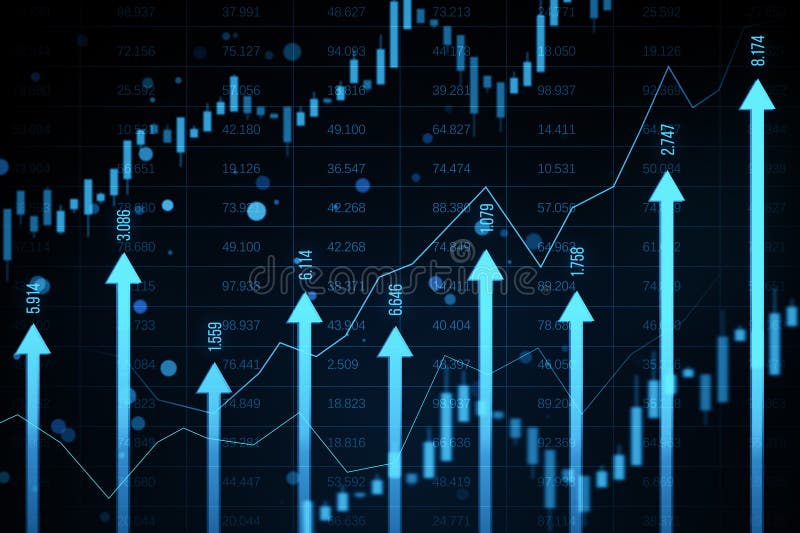 Growing Blue Vertical Arrows and Candlestick Forex Chart on Dark Index ...