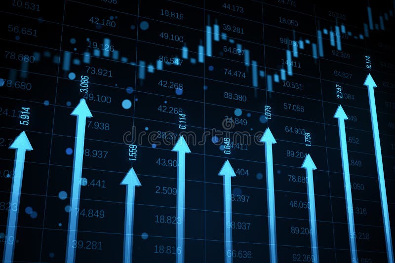 Growing Blue Vertical Arrows and Candlestick Forex Chart on Dark Index ...