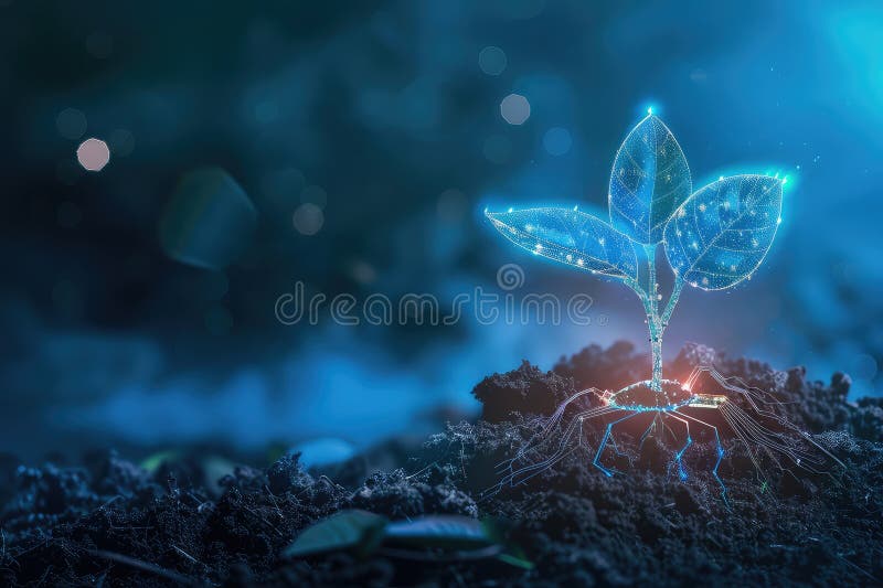 Growing Business Concept. Glowing Blue Plant Growing from Soil Stock ...