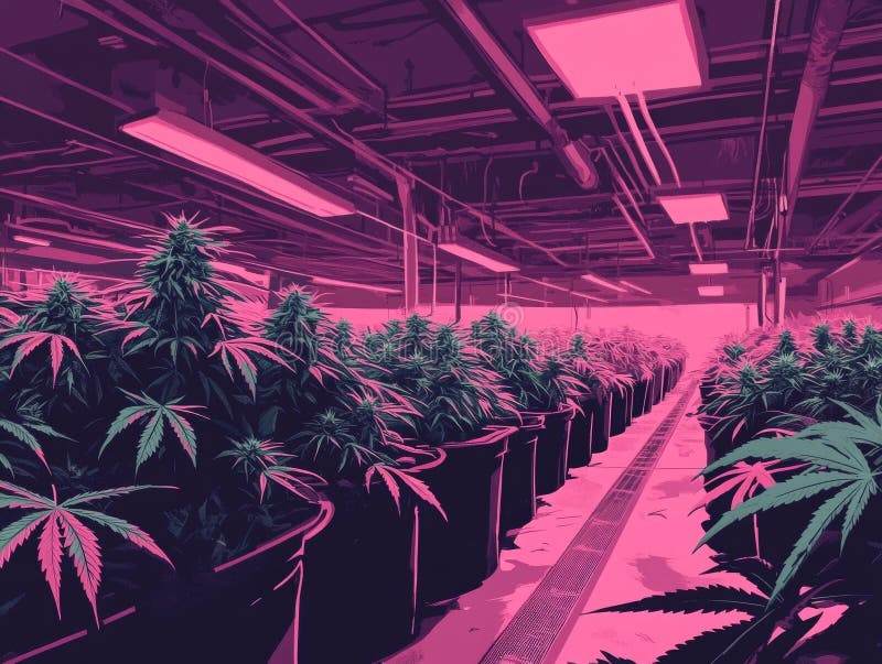 Rows of Cannabis Plants Growing in Pots Under Artificial Light in an ...