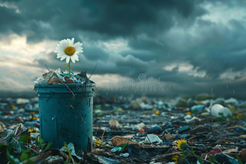 Growing Chamomile Flower on a Garbage Dump, Concept of Waste Recycling ...