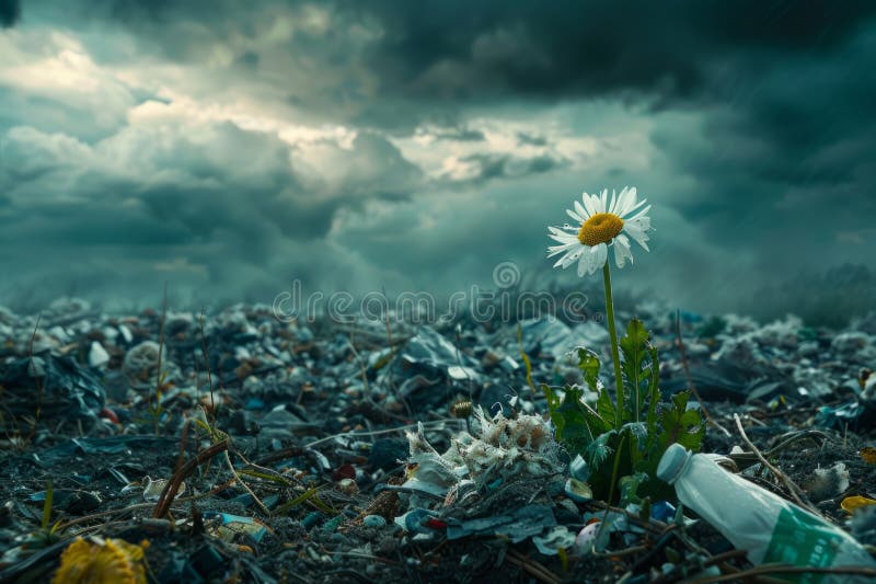 Growing Chamomile Flower on a Garbage Dump, Concept of Waste Recycling ...