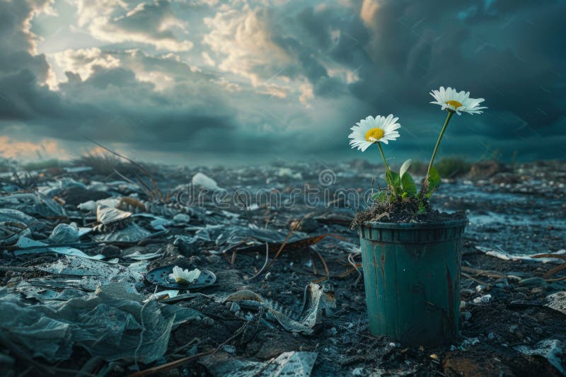 Growing Chamomile Flower on a Garbage Dump, Concept of Waste Recycling ...