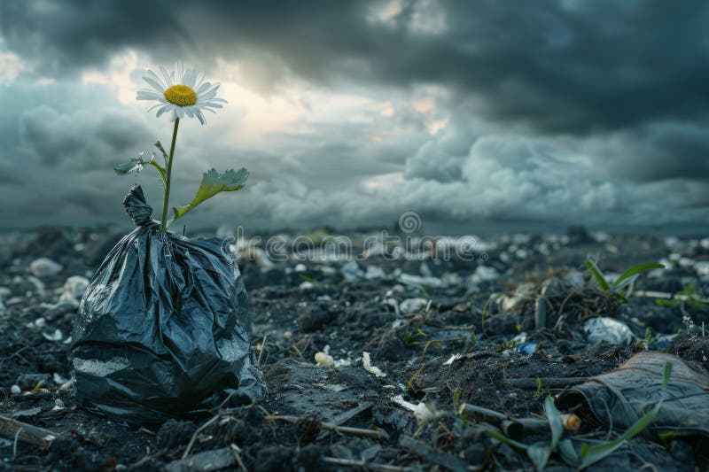 Growing Chamomile Flower on a Garbage Dump, Concept of Waste Recycling ...