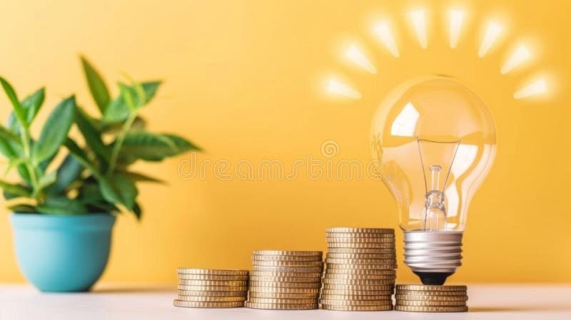 Growing Financial Success: Light Bulb and Coin Stacks with Plant Stock ...
