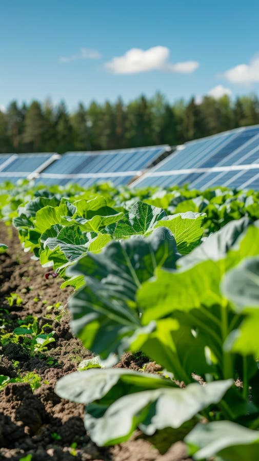 Growing Fresh Vegetables and Fruits Next To Fields with Solar Panels ...