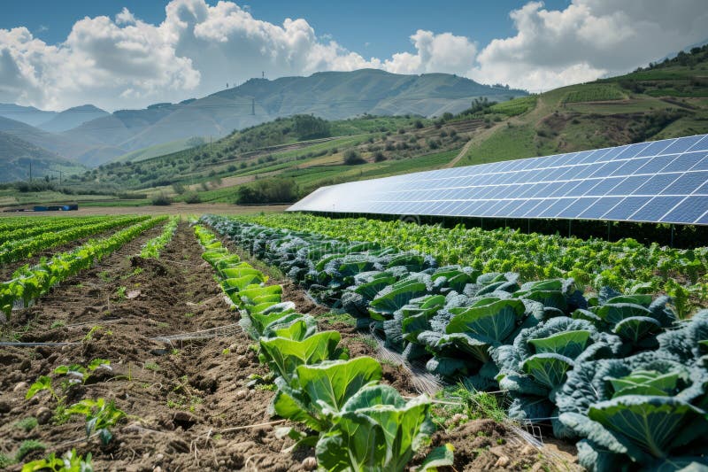 Growing Fresh Vegetables and Fruits Next To Fields with Solar Panels ...