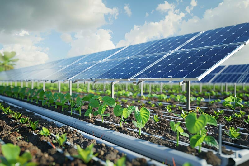 Growing Fresh Vegetables and Fruits Next To Fields with Solar Panels ...