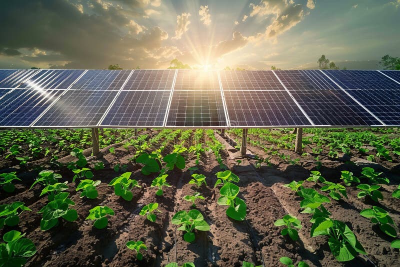 Growing Fresh Vegetables and Fruits Next To Fields with Solar Panels ...