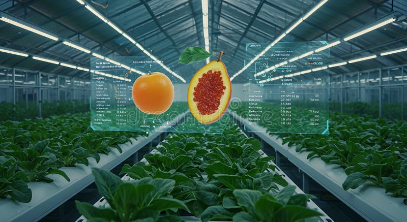 Growing Fruits in Greenhouse with Digital Overlays Displaying Data ...