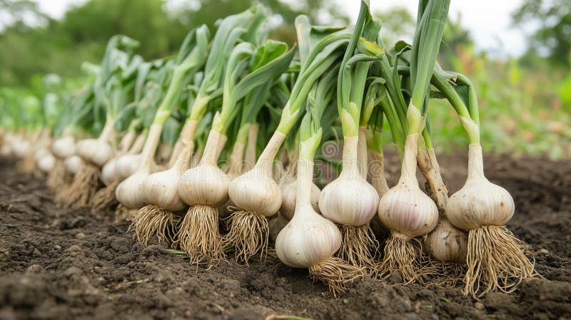 Growing Garlic with Root in Soil at Farm Stock Illustration ...