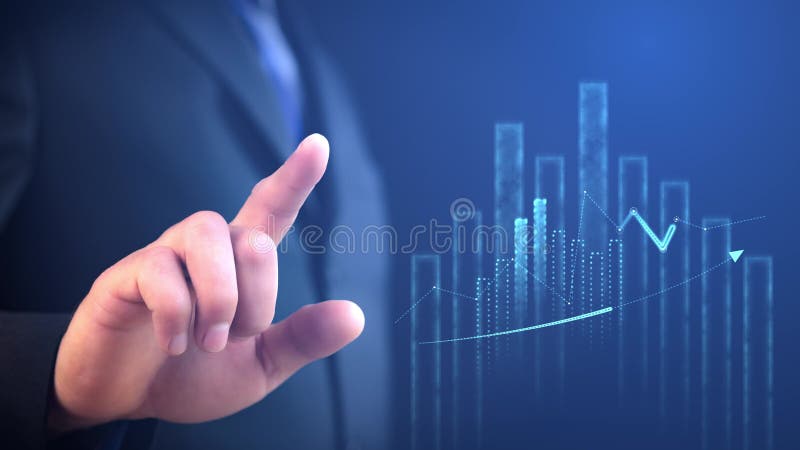 Growing Graphs and Charts on Blue Background with Digital Man with ...