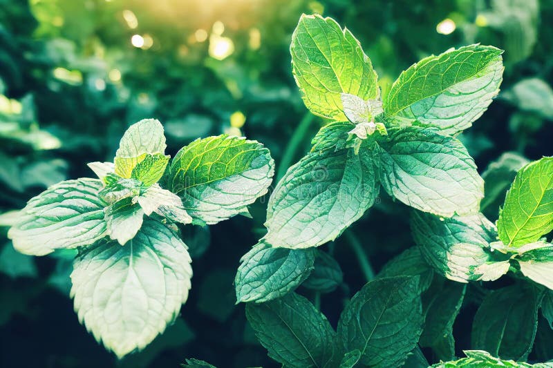 Growing Green Peppermint Herb Leaves Closeup Background 3D Render ...