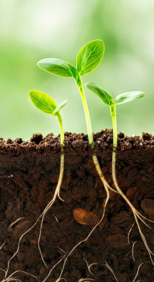 Growing Green Sprouts with Roots in Soil on a Vibrant Background Stock ...